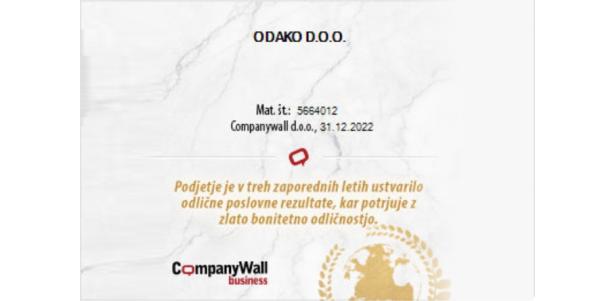 Zlata bonitetna odličnost za leto 2022 - Odako d.o.o., pohištveno in ...
