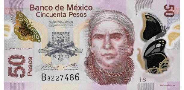 Mexico S5R17, 50 pesos, 2015, P123A, B712f, UNC - Polymer Banknotes