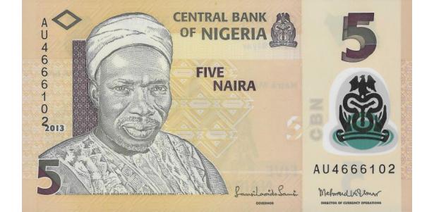 Nigeria S1R5, 5 naira, 2013, P38, B234e, UNC - Polymer Banknotes