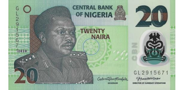 Nigeria S3R25, 20 naira, 2020, P34, B232v, UNC - Polymer Banknotes