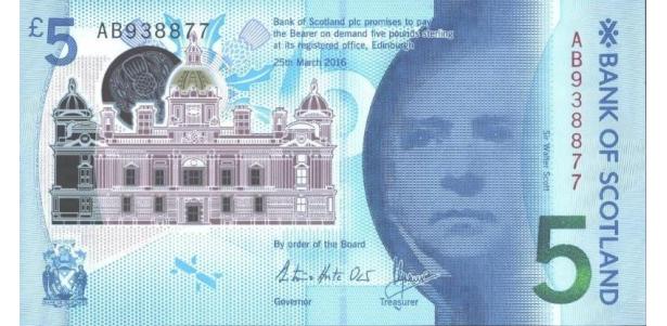 Scotland (UK)–BoS S2R2, 5 pounds, 2016, PNL, BNL, UNC - Polymer Banknotes