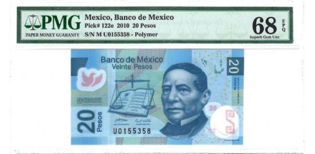 Mexico S2R12, 20 pesos, 2010, P122, B704h, UNC - Polymer Banknotes
