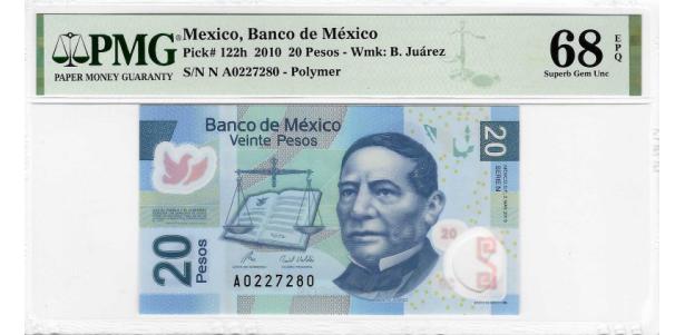 Mexico S2R13, 20 pesos, 2010, P122, B704h, UNC - Polymer Banknotes