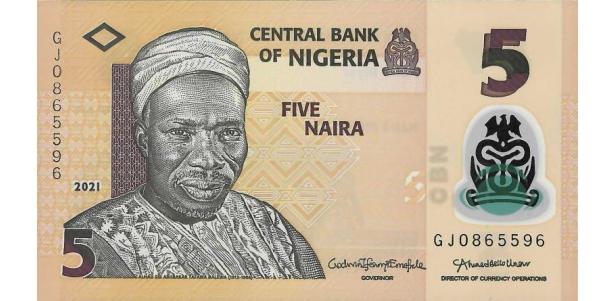 Nigeria S1R13, 5 naira, 2021, P38, B234m, UNC - Polymer Banknotes