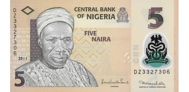 Nigeria S1Z4, 5 naira, replacement, 2011, P38, B234dz, UNC - Polymer ...