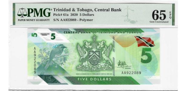 Trinidad and Tobago S3R1, 5 dollars, 2020, P61, B237, UNC - Polymer ...
